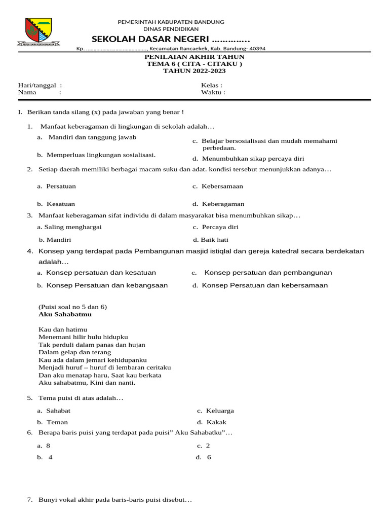 SOAL PAS TEMA 6 Kelas 4 | PDF