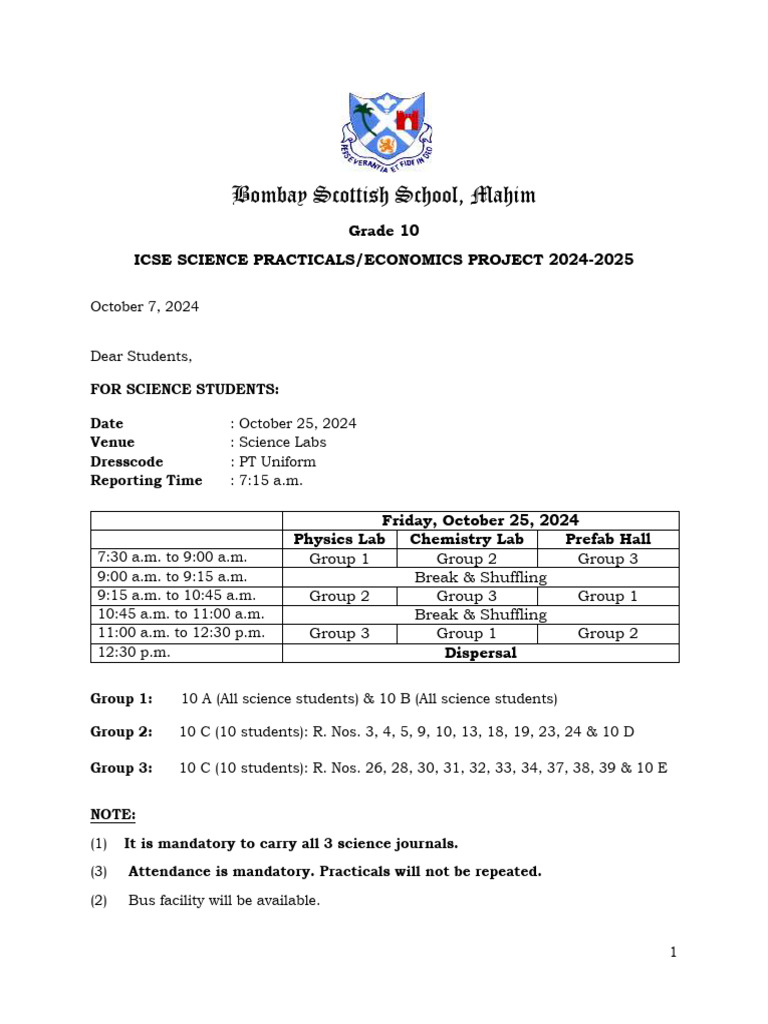 Bombay Scottish School, Mahim: Grade 10 Icse Science Practicals/Economics Project 2024-2025 ...