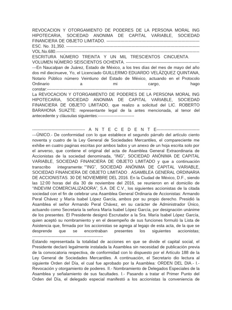 Revocacion y Otorgamiento de Poderes de La Persona Moral Ing Hipotecaria | PDF | México