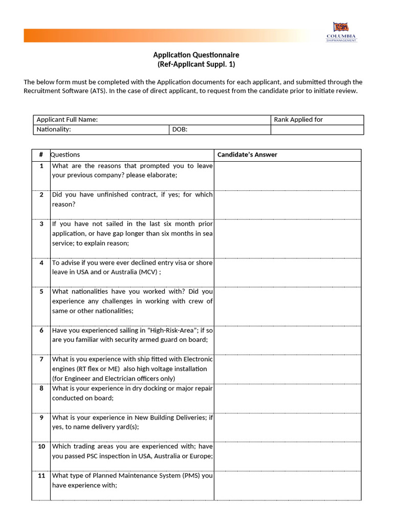 Application Questionnaire (Ref-Application Suppl. 1) | PDF | Business | Law