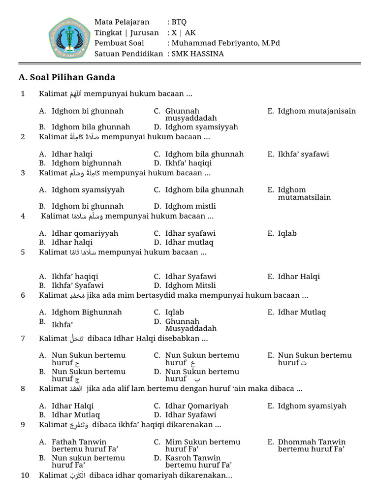 Soal BTQ Kelas X | PDF