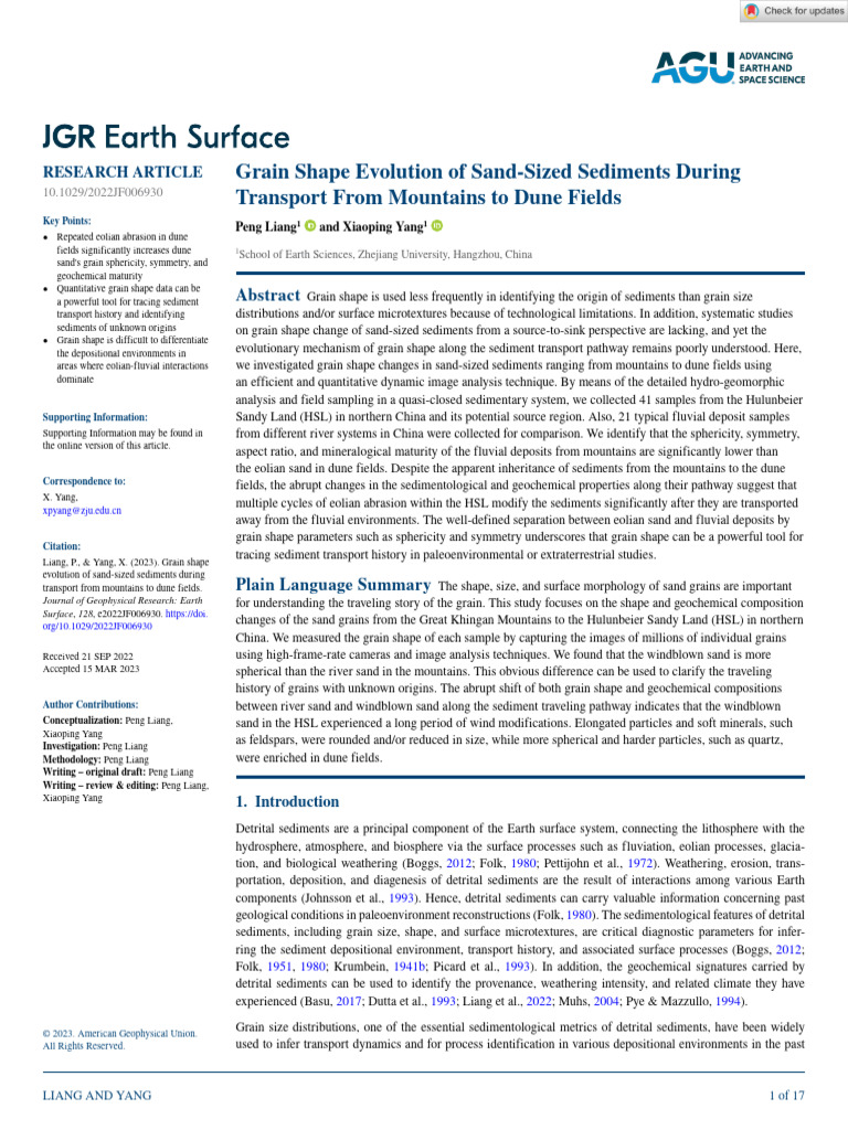 JGR Earth Surface - 2023 - Liang | PDF | Sediment | Dune