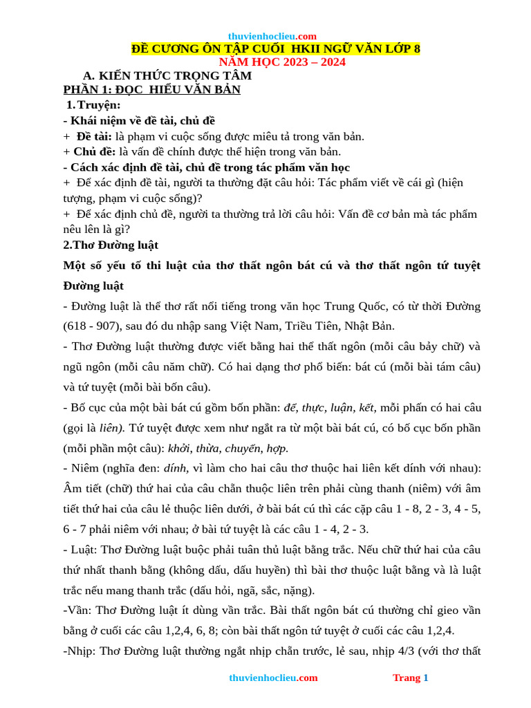 De Cuong On Tap HK2 Ngu Van 8 Canh Dieu | PDF