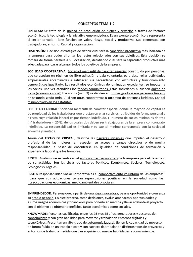 CONCEPTOS TEMA 1 y 2 ECONOMÍA | PDF | Business | Sociedad