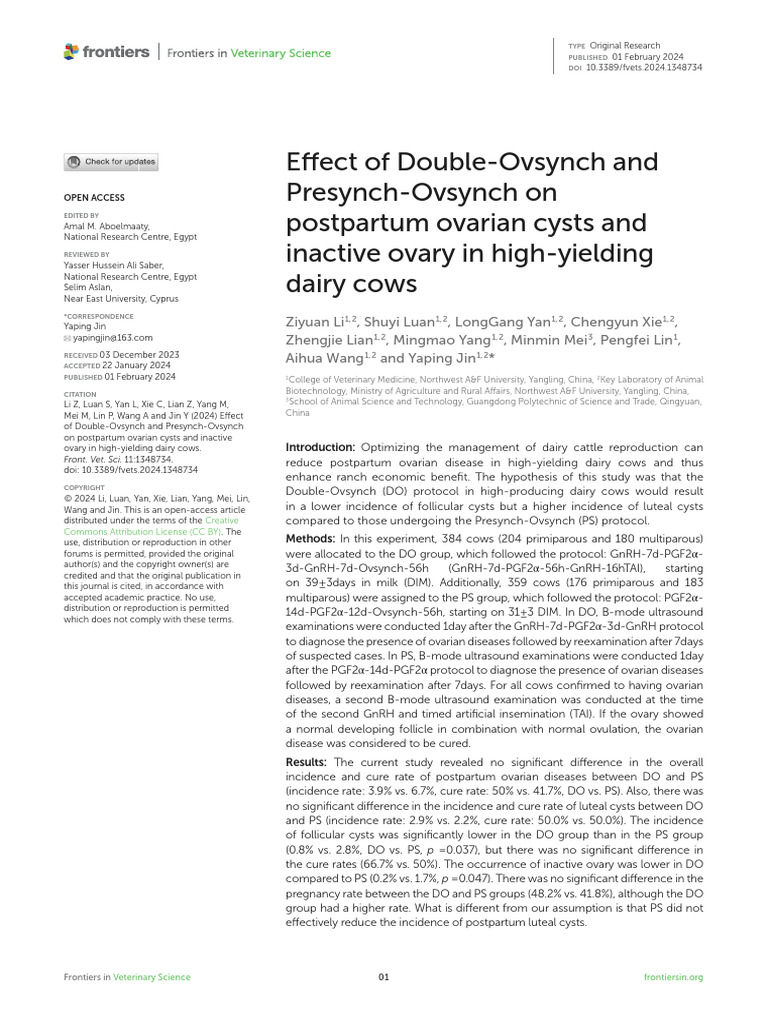 Effect of Double-Ovsynch and Presynch-Ovsynch On Postpartum Ovarian Cysts and Inactive Ovary in ...