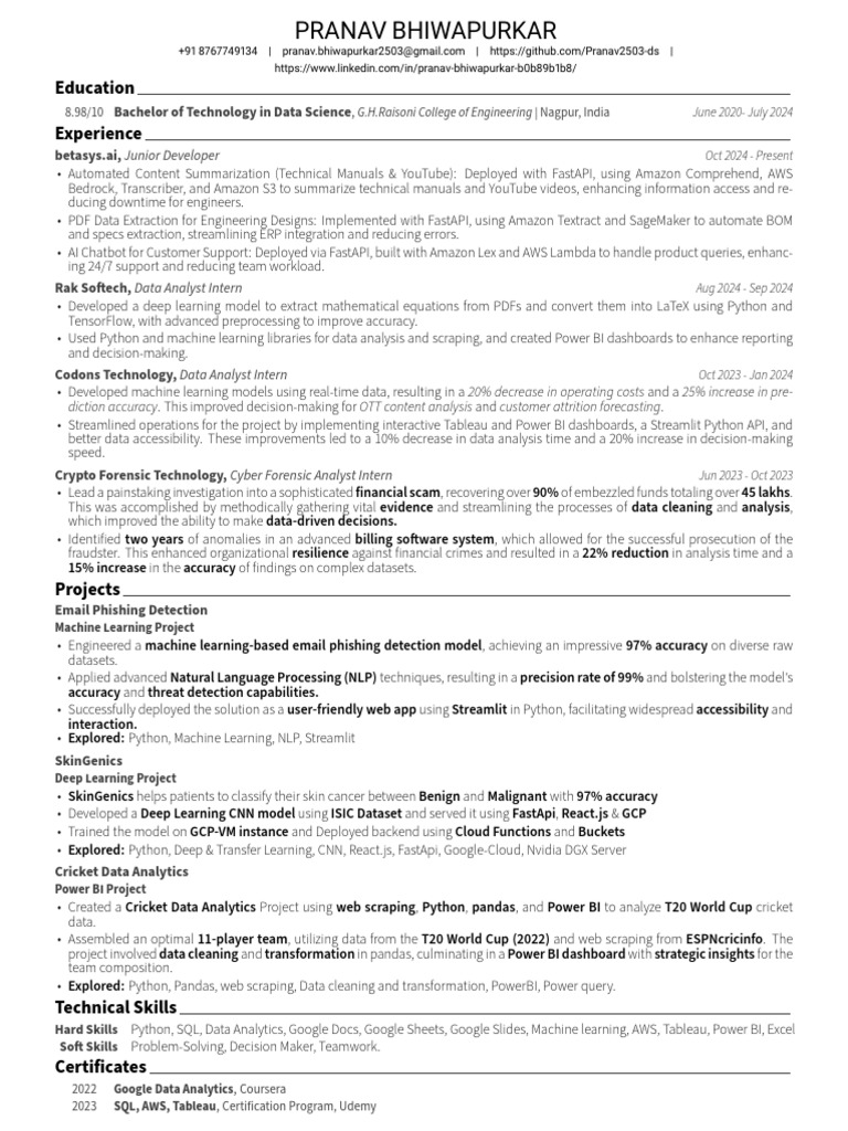 Pranav Bhiwapurkar Resume | PDF | Machine Learning | Analytics