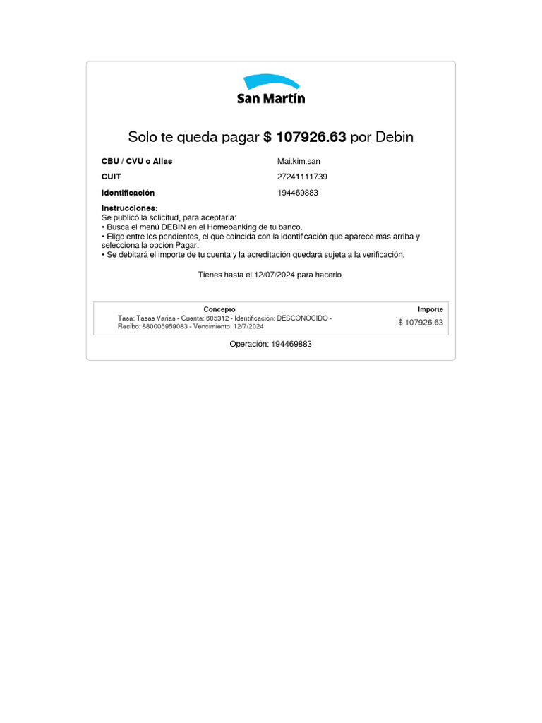 Solo Te Queda Pagar Por Debin: CBU / CVU o Alias Cuit Identificación ...