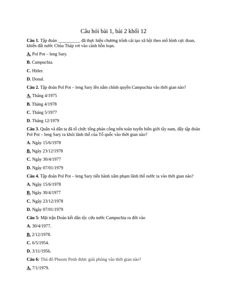 Ngân Hàng CHK12 Bài 1,2 (T QP) | PDF