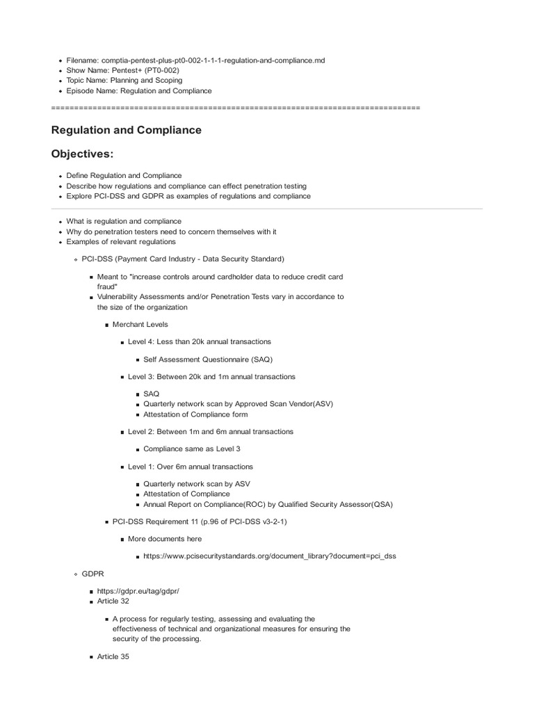 Comptia Pentest Plus pt0 002 1 1 1 Regulation and Compliance | PDF ...