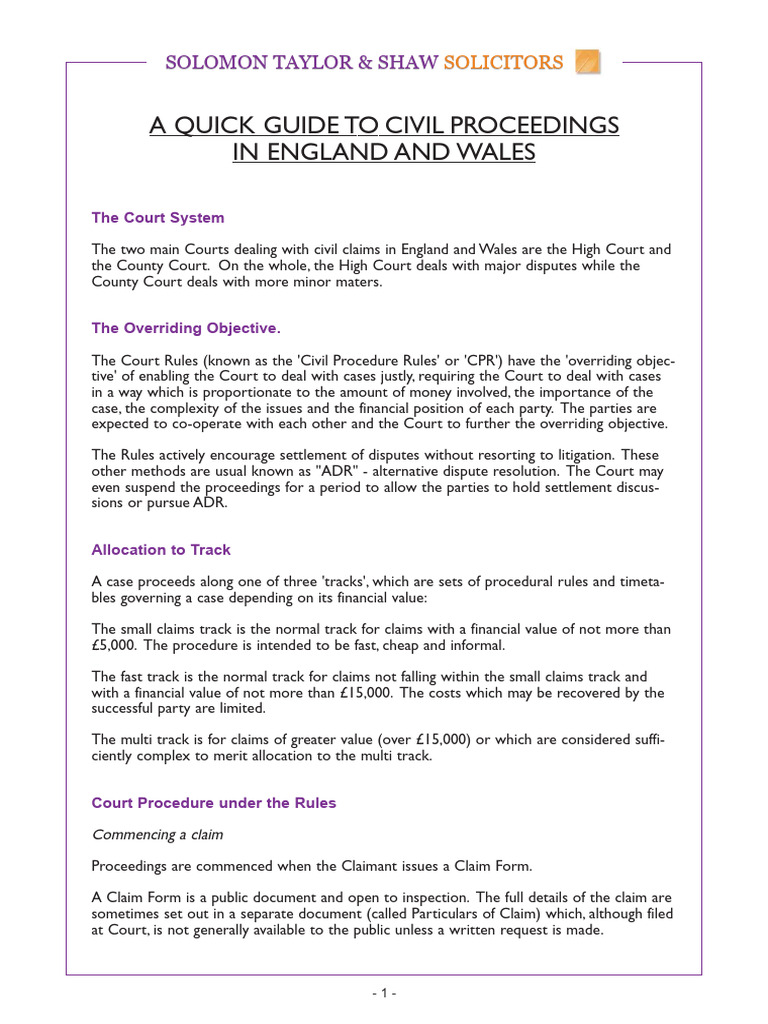 A Quick Guide To Civil Proceedings in England and Wales: Solomon Taylor ...