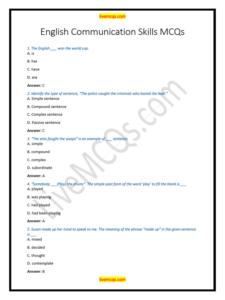 English Communication Skills MCQs | PDF | Sentence (Linguistics) | Communication