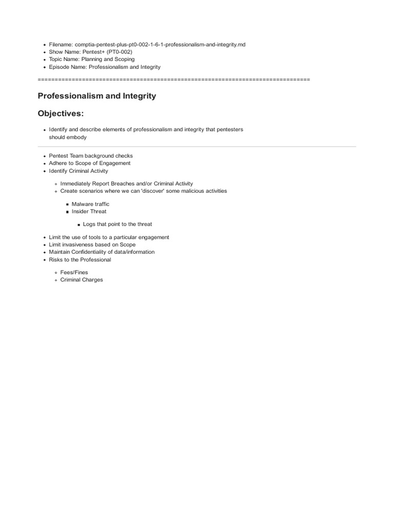 Comptia Pentest Plus Pt0 002-1-6 1 Professionalism and Integrity | PDF