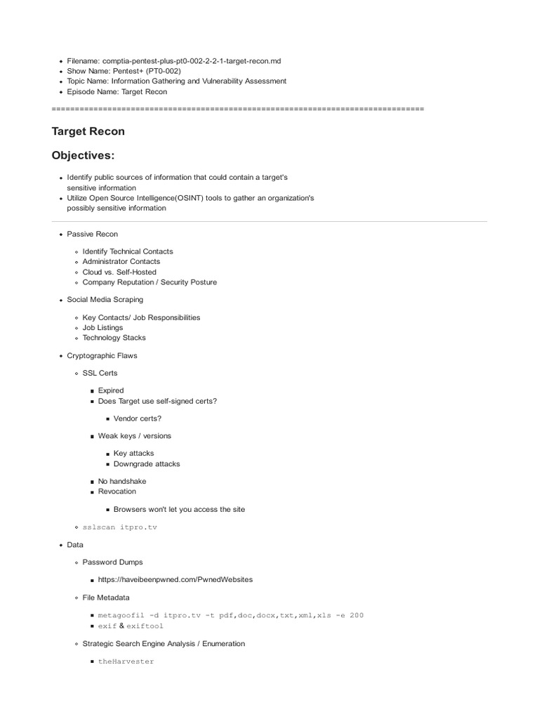 Comptia Pentest Plus pt0 002 2 2 1 Target Recon | PDF