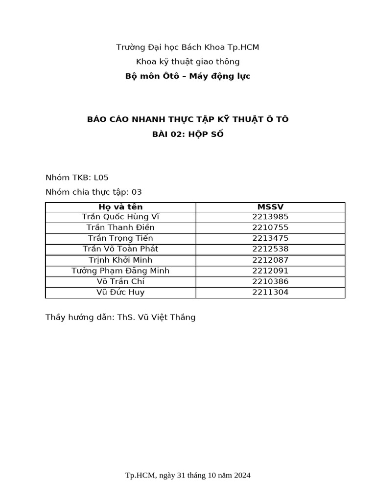 Báo cáo nhanh Bài 2 (buổi 2) môn Thực tập Kĩ thuật Oto Lớp L05-Nhóm 03 | PDF