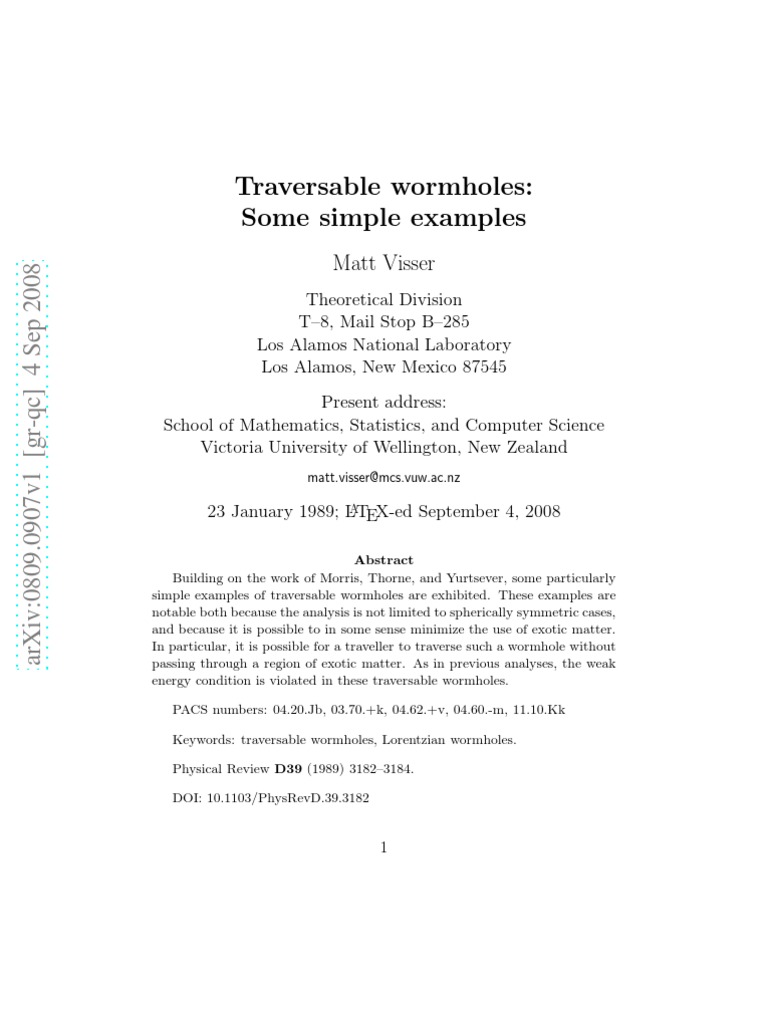 Matt Visser - Traversable Wormholes: Some Simple Examples | PDF ...