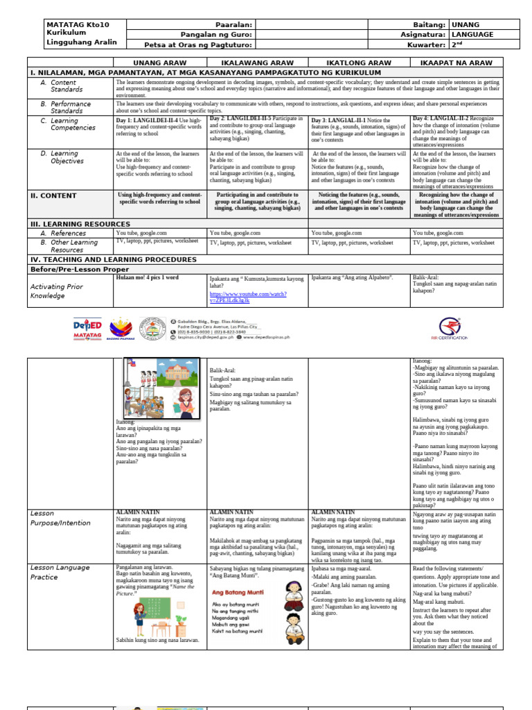 Q2 Week 3 DLL Language Oct. 14 Oct. 17 2024 | PDF