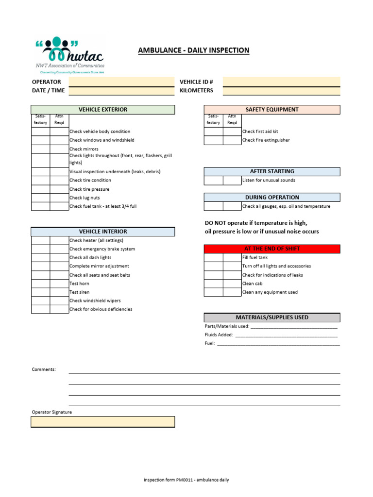 Daily Ambulance Inspection Checklist | PDF | Ambulance | Vehicles