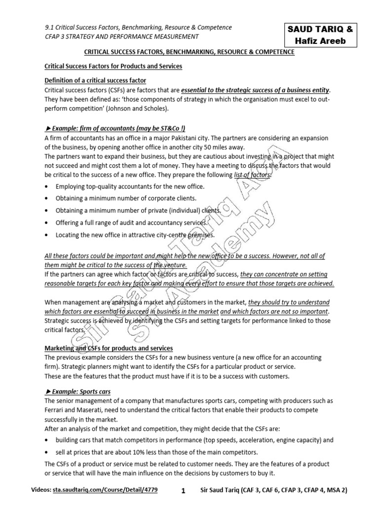 9.1 Critical Success Factors, Benchmarking, Resource & Competence (PM Area by ST) | PDF ...