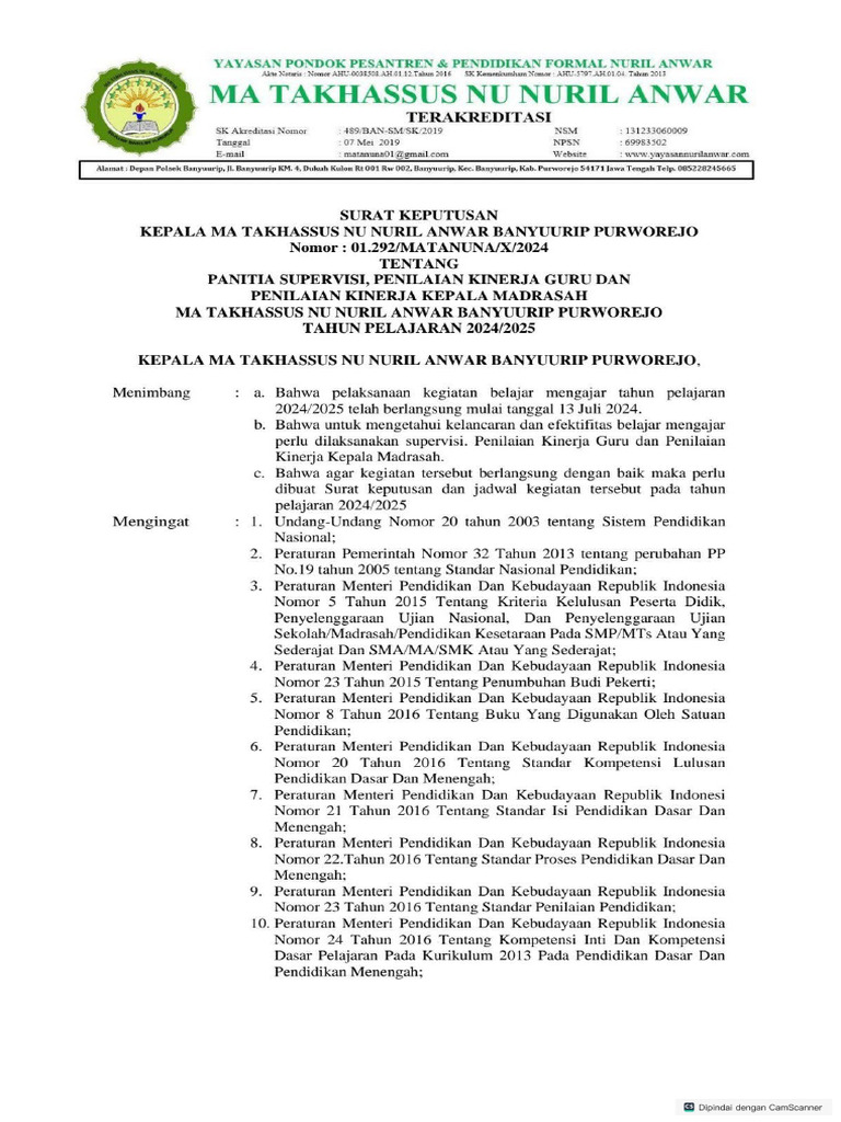 SK Panitia Pelaksana Supervisi, PKG Dan PKKM 2024-2025 (1) - 1 | PDF