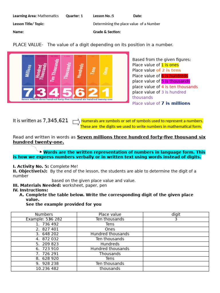 Math 4 q1 Activity Sheets Place Value | PDF | Mathematics