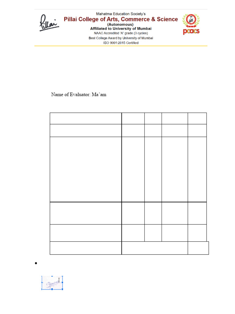 Evaluation Sheet For Continuous Assessment With Rubrics Class: Computer ...