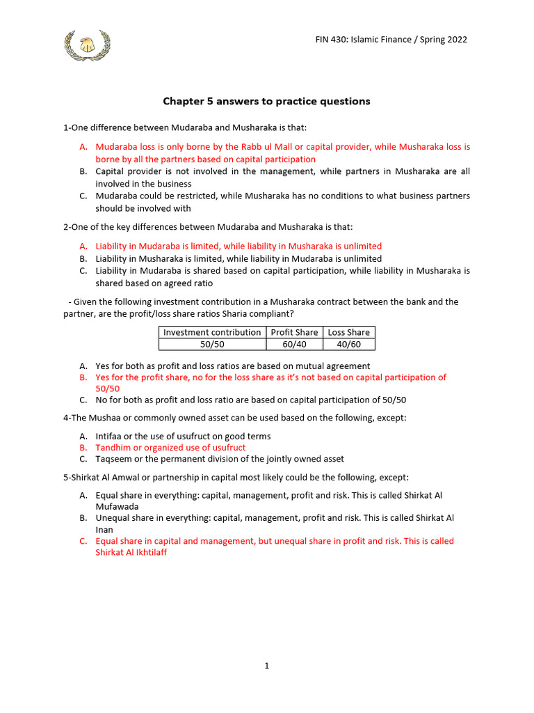 Islamic Finance Musharaka Practice Answers | PDF | Partnership ...