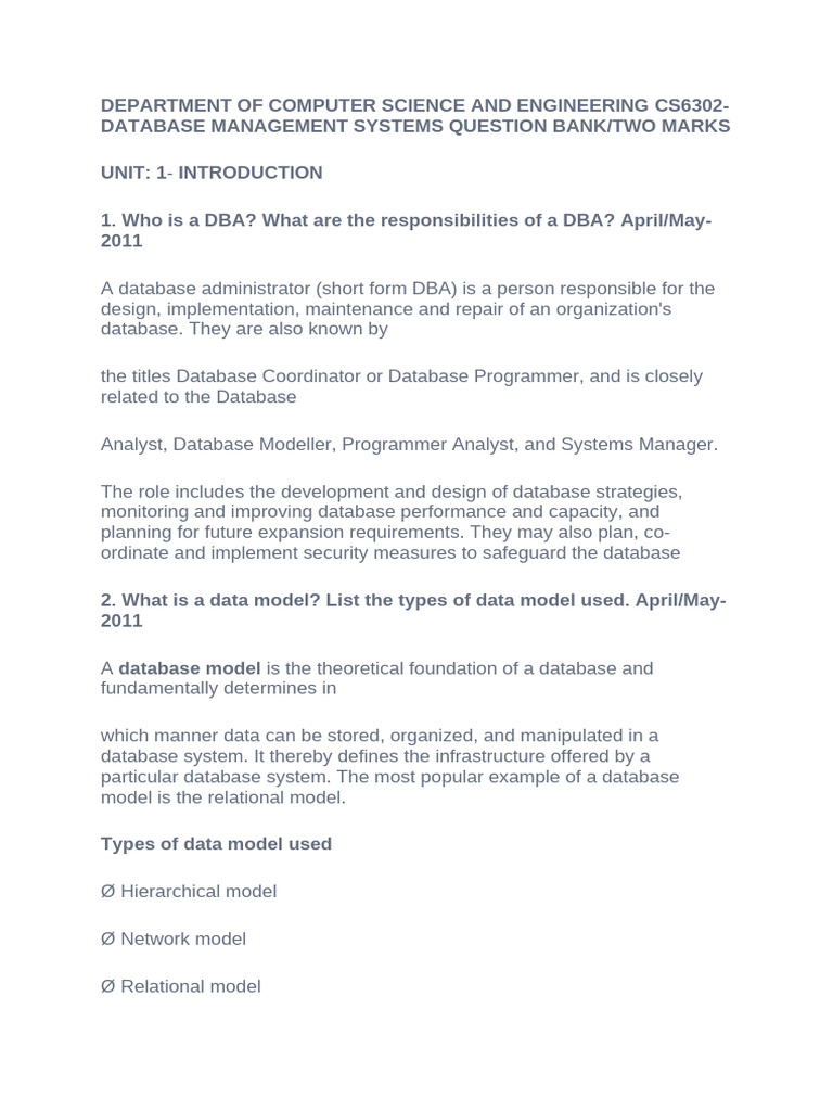 Database Management Systems Question Bank | PDF | Databases | Database ...