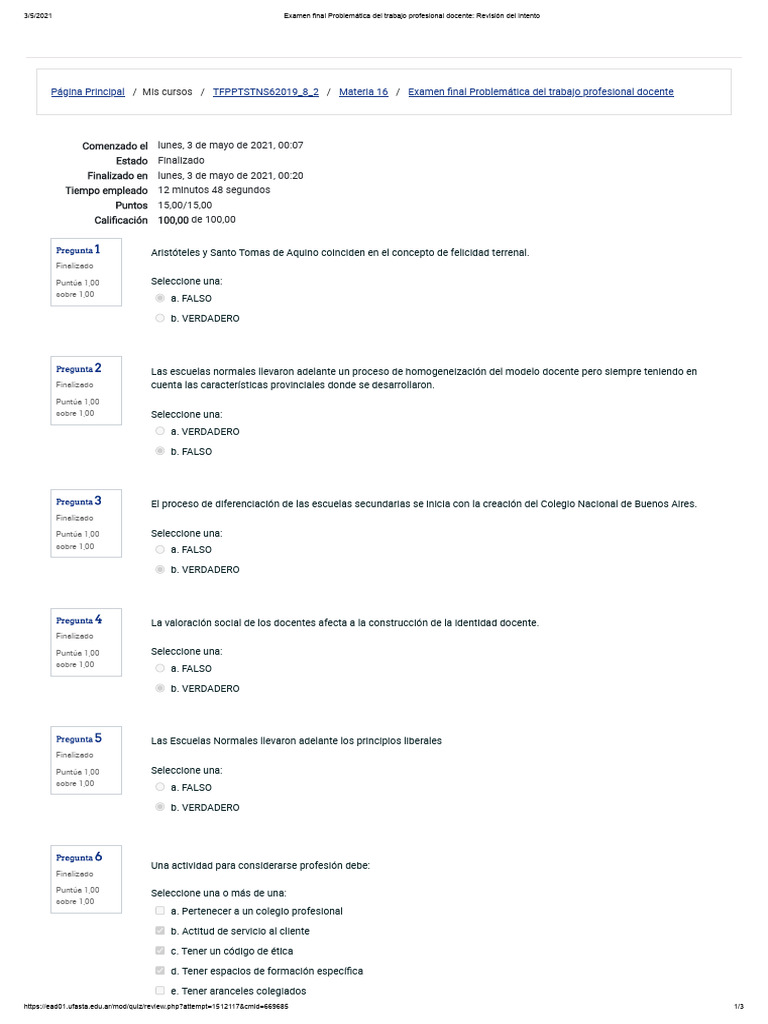 Examen Final Problemática Del Trabajo Profesional Docente - Revisión Del Intento | PDF | Ética ...
