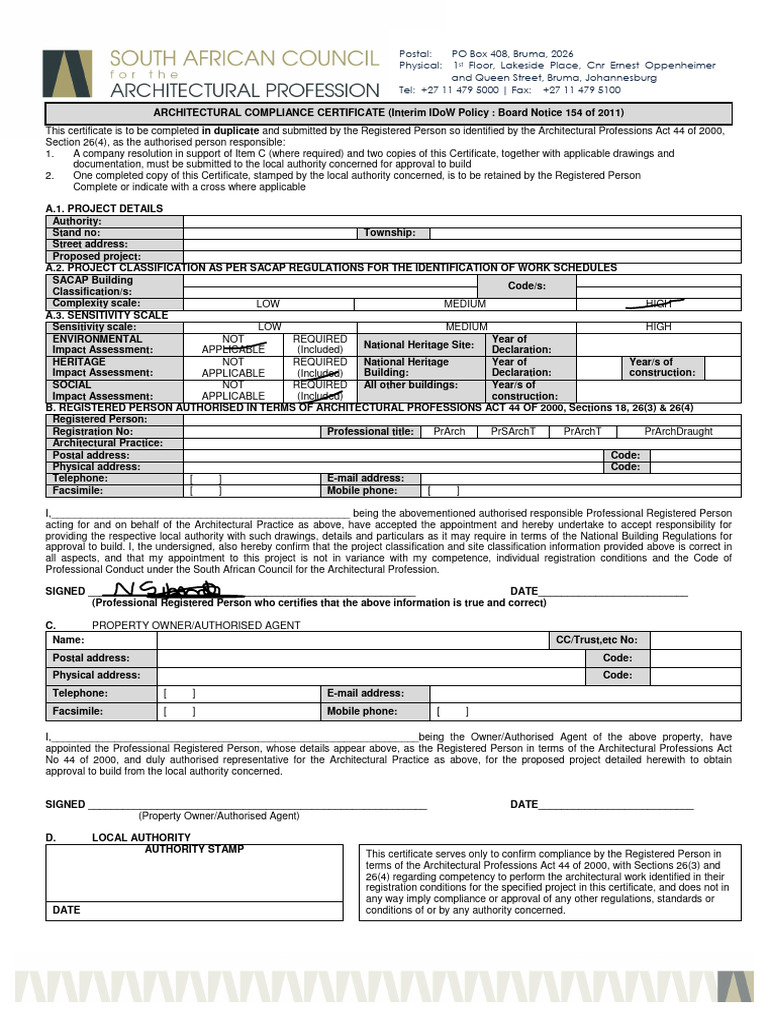 SACAP Architectural Compliance Certificate | PDF
