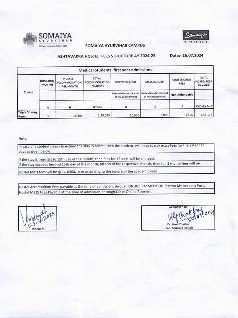 Hostel+Fee+Structure+A Y 2024-25 | PDF
