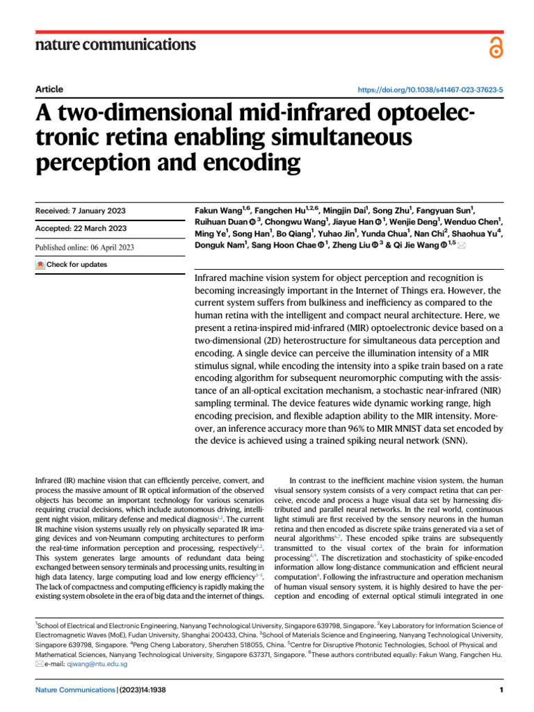 Wang - A Two-Dimensional Mid-Infrared Optoelectronic Retina Enabling Simultaneous Perception and ...