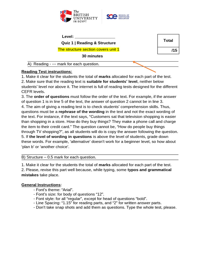 Quiz 1 - Reading - Structure (Question Sheet) | PDF | Career & Growth
