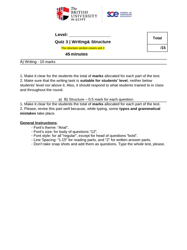 Quiz 3 - Writing - Structure (Question Sheet) | PDF | Career & Growth ...