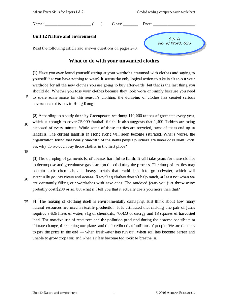 SBR Unit 12 Graded Comprehension | PDF | Clothing | Recycling