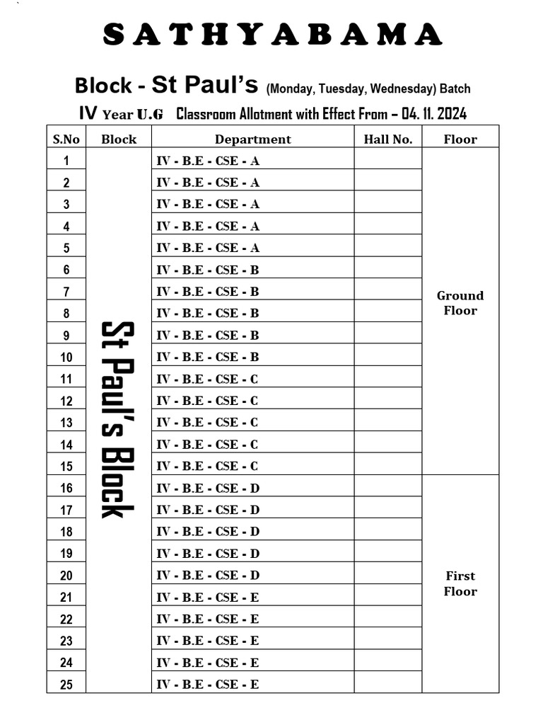 Final Year Class Room Allotment - 04.11.2024 (M, T, W) - 2 | PDF | Chess | Chess Theory