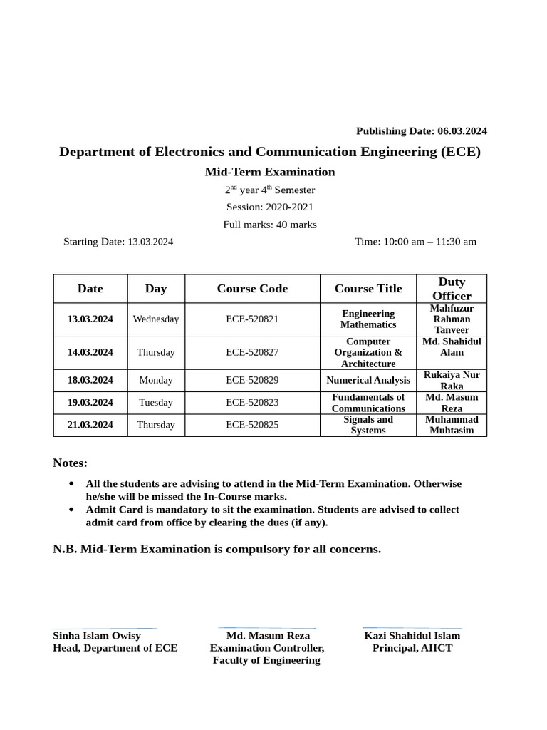 ECE Mid-Term Examination Duty Format | PDF | Engineering