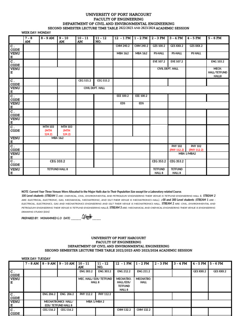 Civil and Env - Second Semester Lecture Time Table For (2023-2024 Session) | PDF | Engineering ...