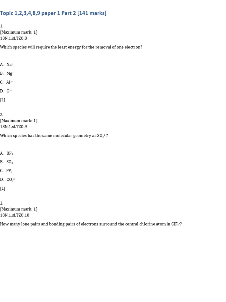 Topic 1,2,3,4,8,9 Paper 1 Part 2 | PDF | Chemistry | Applied And Interdisciplinary Physics