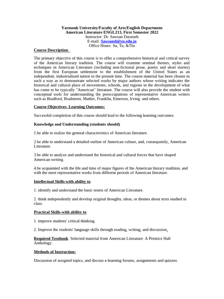 213 American Literature Syllabus | PDF | American Literature | Liberal ...