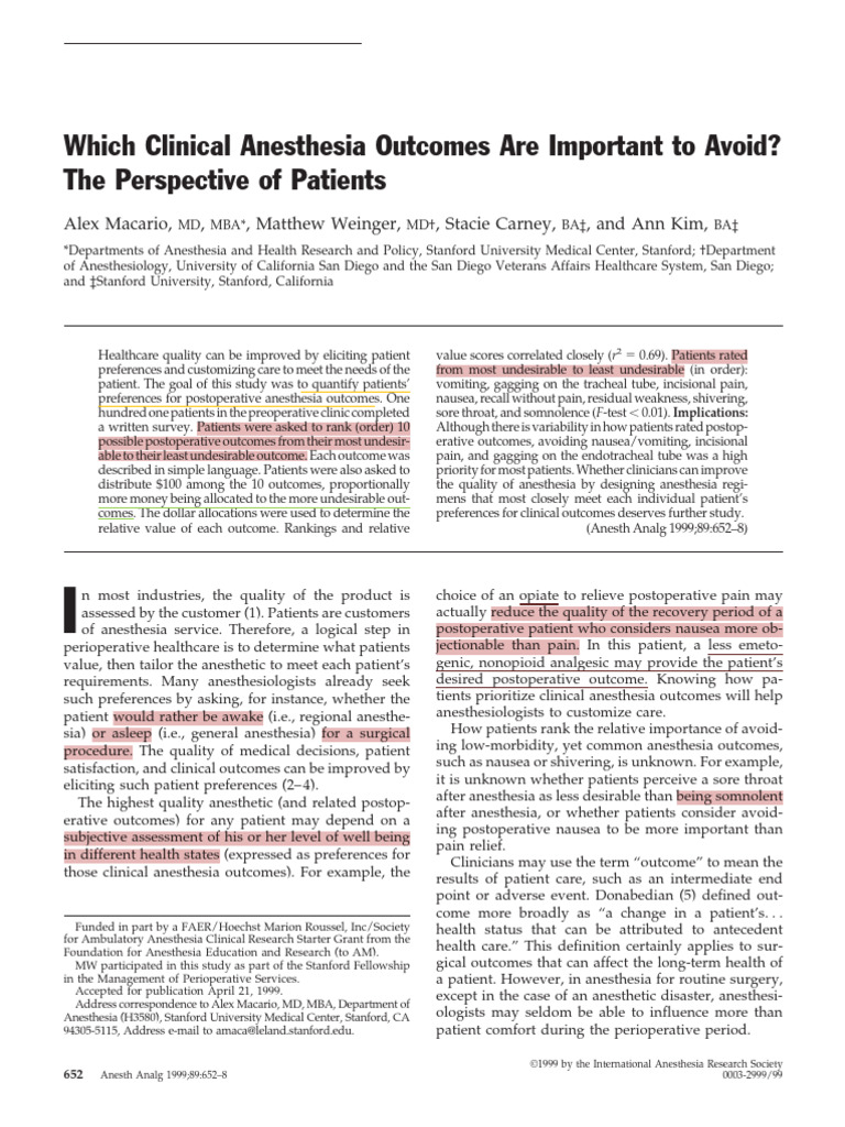 3which Clinical Anesthesia Outcomes Are Important.22 | PDF | Anesthesia ...
