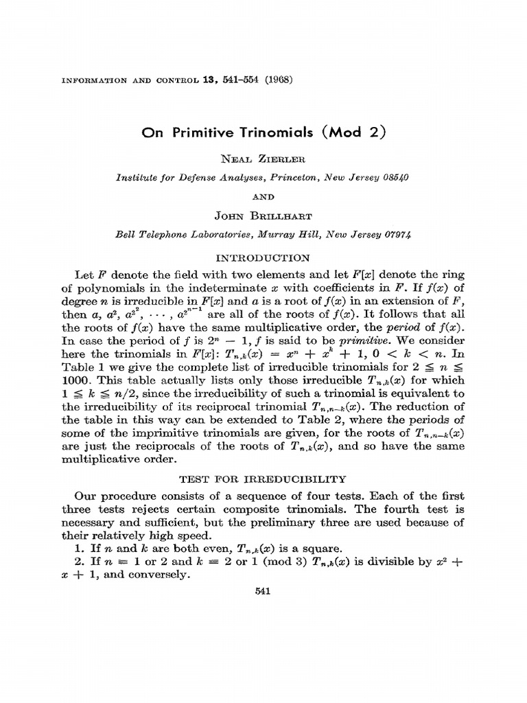 Irreducible Primitive Trinomials Mod 2 | PDF | Field (Mathematics ...