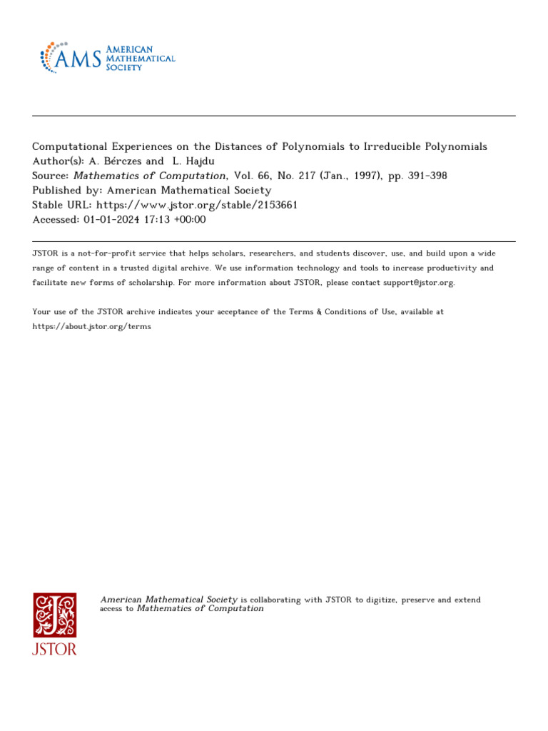 Computational Experiences On The Distances of Polynomials To Irreducible Polynomials | PDF ...