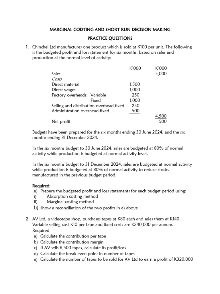 Practice Questions - Marginal and Absorption Costing | PDF | Business ... Practice Questions - Marginal and Absorption Costing | PDF | Business ...