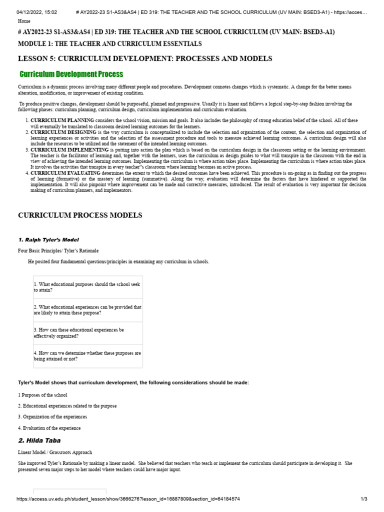 ED319 - Module 1 - Lesson 5 - Curriculum Development | PDF | Curriculum | Evaluation