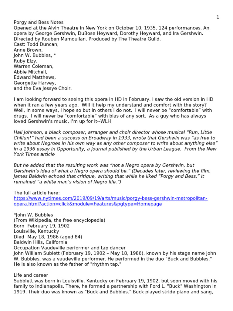 Porgy and Bess- Notes | PDF | Performing Arts