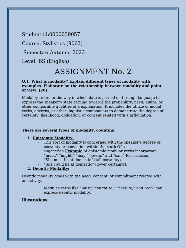 Assignment No. 2: Student Id:0000039057 Course: Stylistics (9062 ...