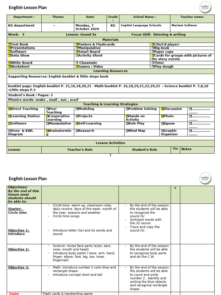 KG English Lesson: Sound Ss & Skills | PDF | Lesson Plan | Education Theory