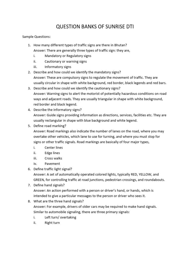 Bhutan Driving Test Theory Questions | PDF | Traffic | Traffic Light