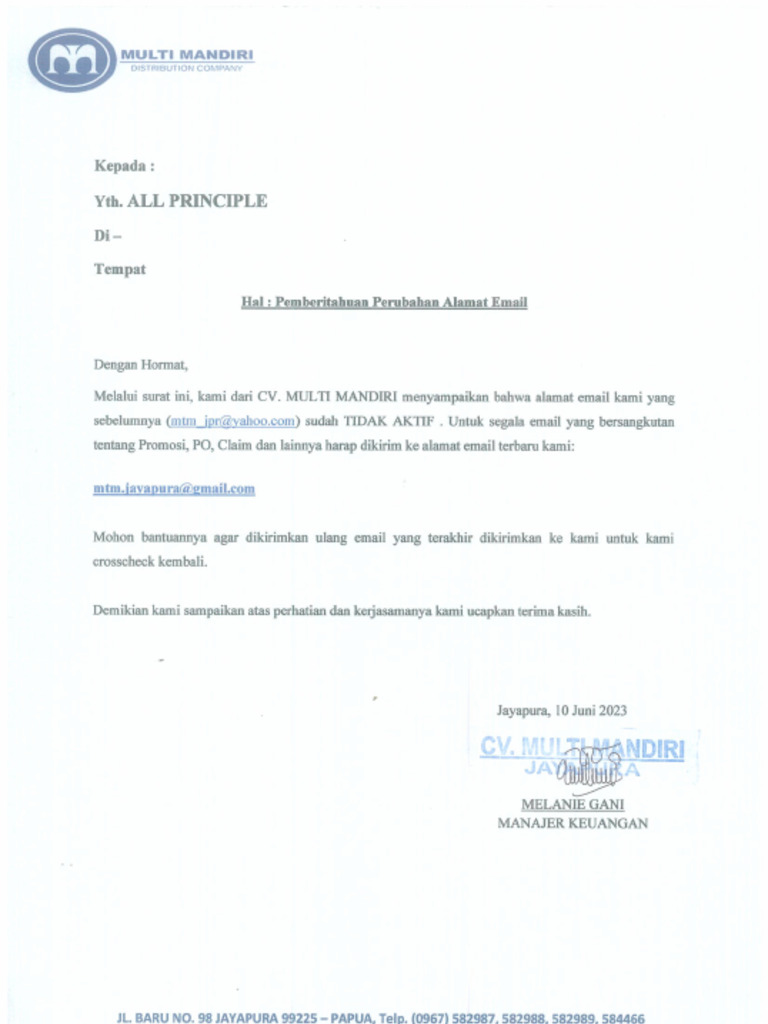 Surat Pemberitahuan Perubahan Alamat Email | PDF