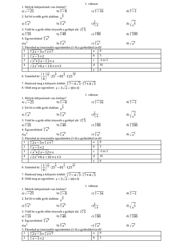 10 Algebra - N-Edik Gyök, Irracionális Egyenlet | PDF